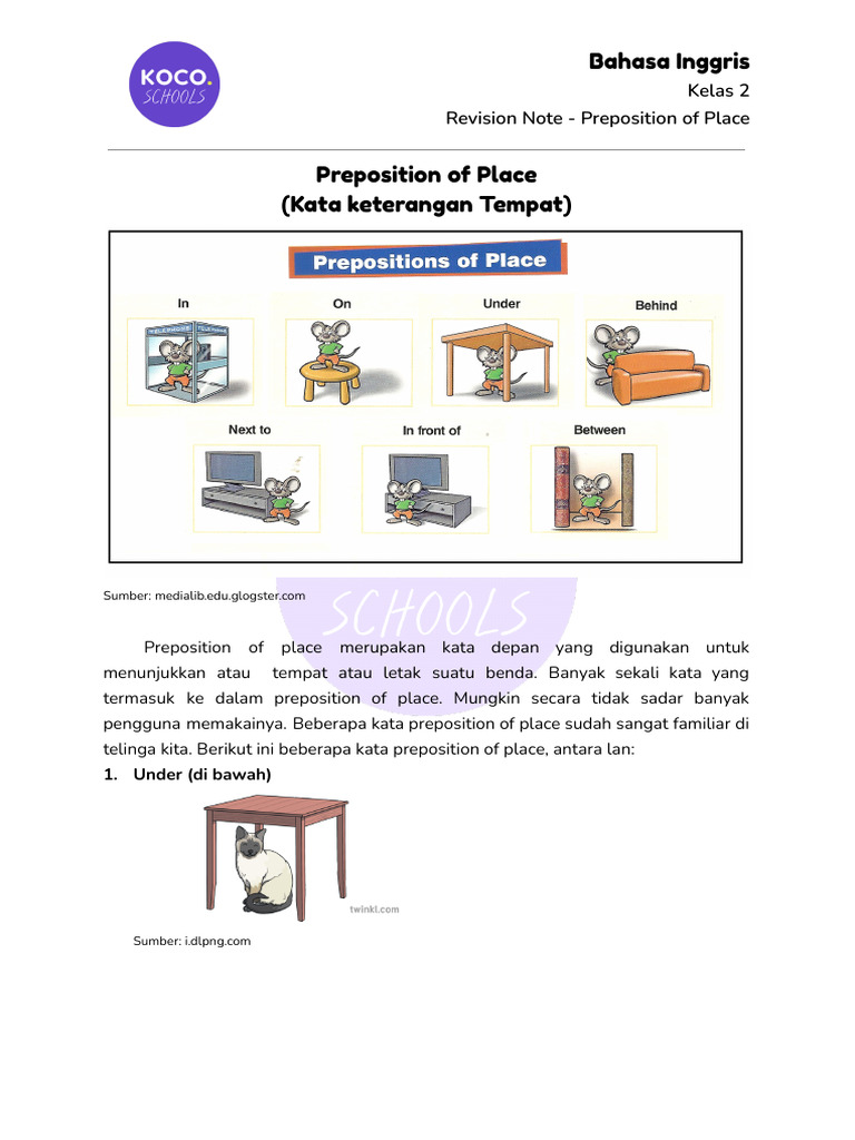Revision Note Bahasa Inggris Kelas 2 Preposition of Place | PDF