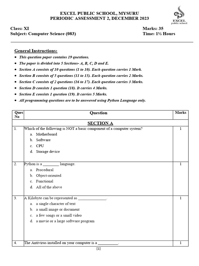 Class 11 QP - 14-12-23 | PDF | Software | Computer Program