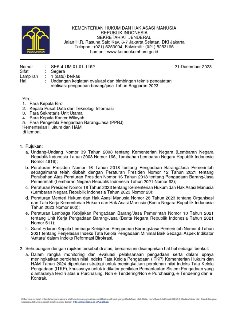 SEK.4-UM.01.01-1152 Surat Undangan Kegiatan Evaluasi Dan Bimbingan Teknis Pencatatan Realisasi ...