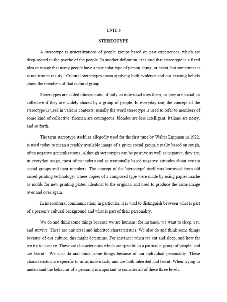 Unit 3 | PDF | Stereotypes | Attitude (Psychology)