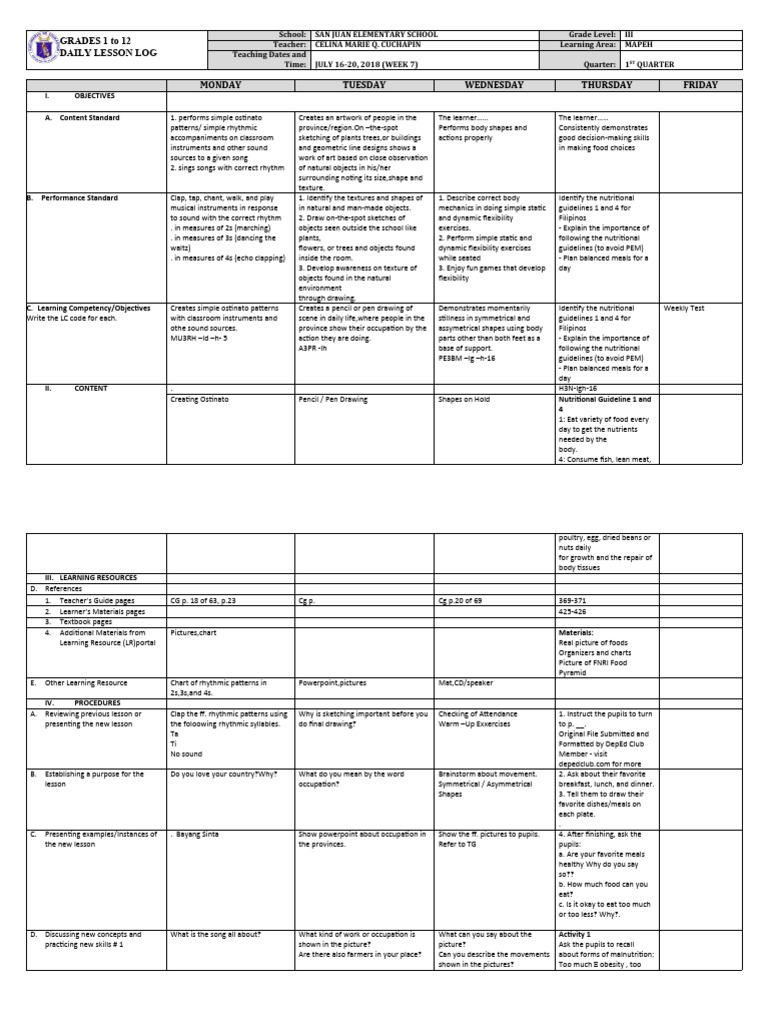 DLL - Mapeh 3 - Q1 - W7 | Download Free PDF | Meal | Nutrition