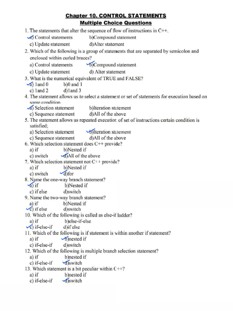 1st Puc Computer Science MCQ Questions Chapter 10 Control Statements | PDF