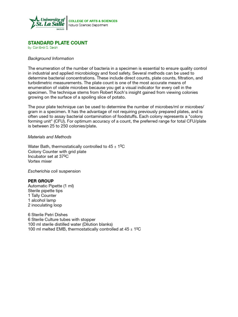 Standard Plate Count Method Guide | PDF | Colony Forming Unit | Microscopy