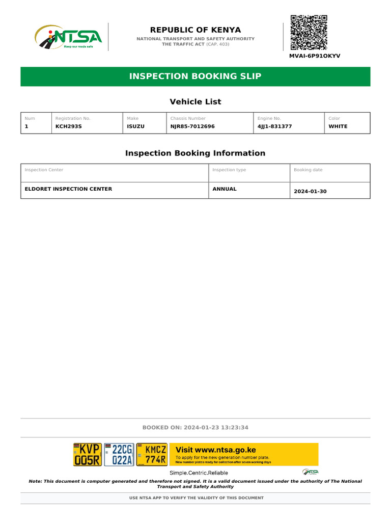 NTSA Vehicle Inspection Booking Slip | PDF