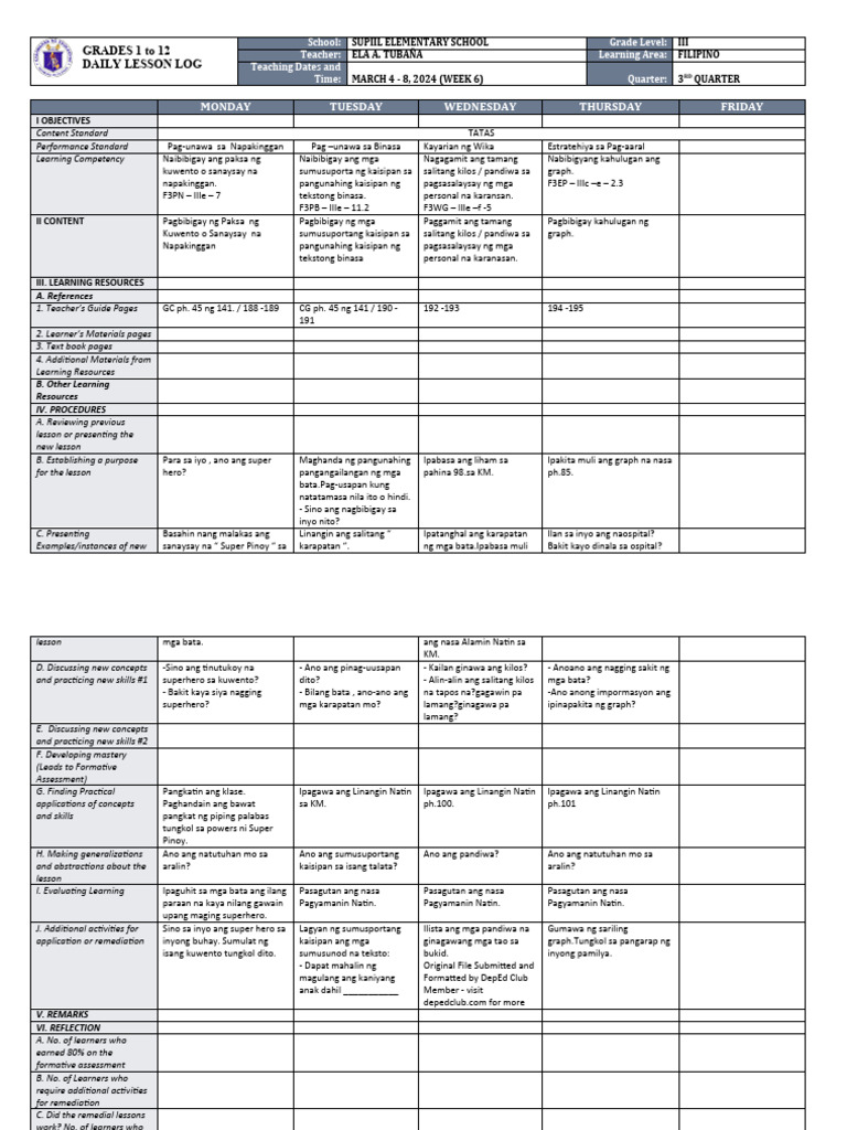 DLL - Filipino 3 - Q3 - W6 | PDF