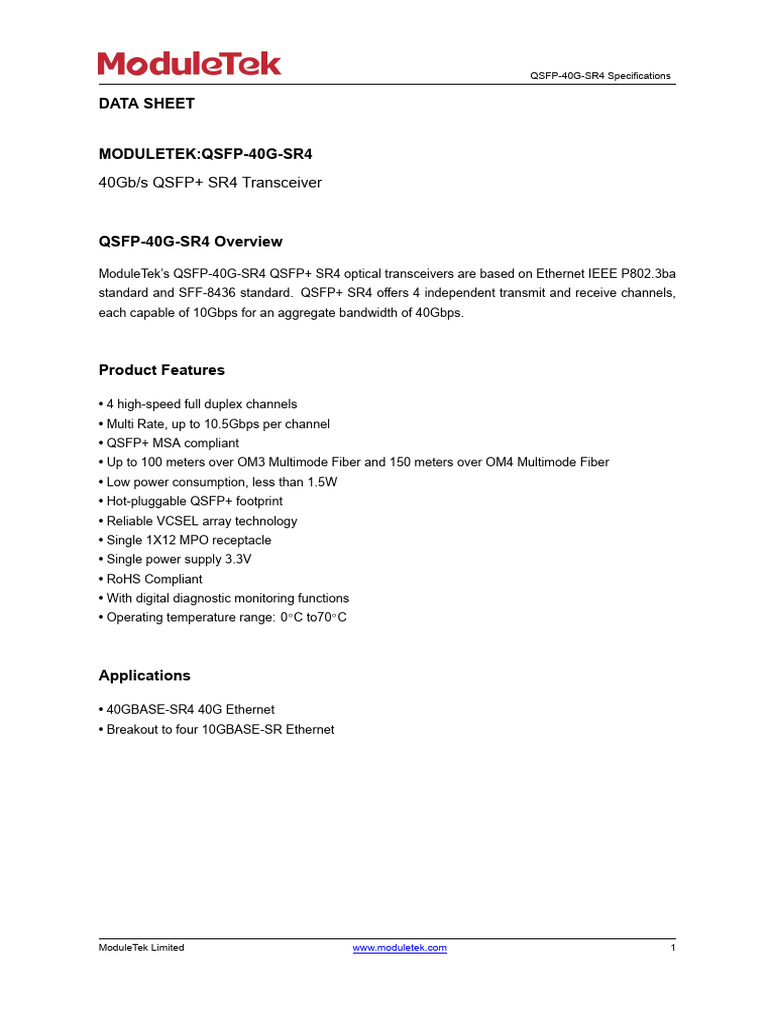 QSFP 40G SR4 | PDF | Electronics | Computer Engineering