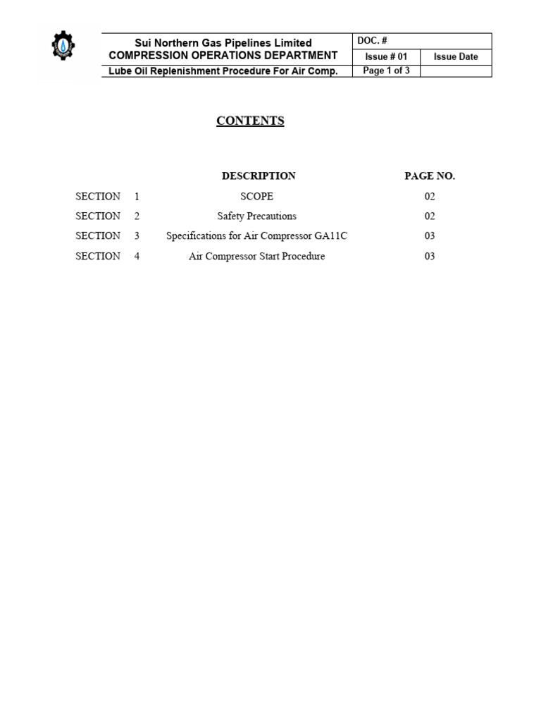 Lube Oil Replenishment Procedure Air Comp | PDF | Pipeline Transport ...
