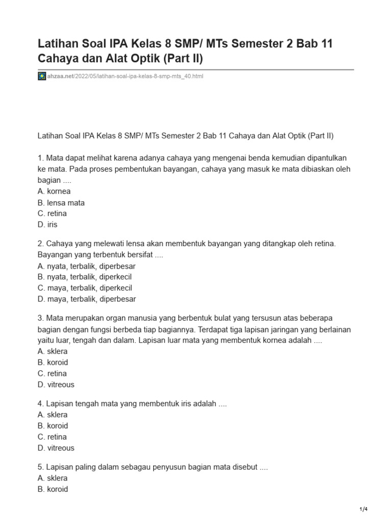 Latihan Soal IPA Kelas 8 SMP MTs Semester 2 Bab 11 Cahaya Dan Alat Optik Part II | PDF