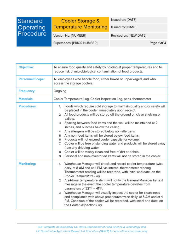 SOP - Cooler Storage | PDF