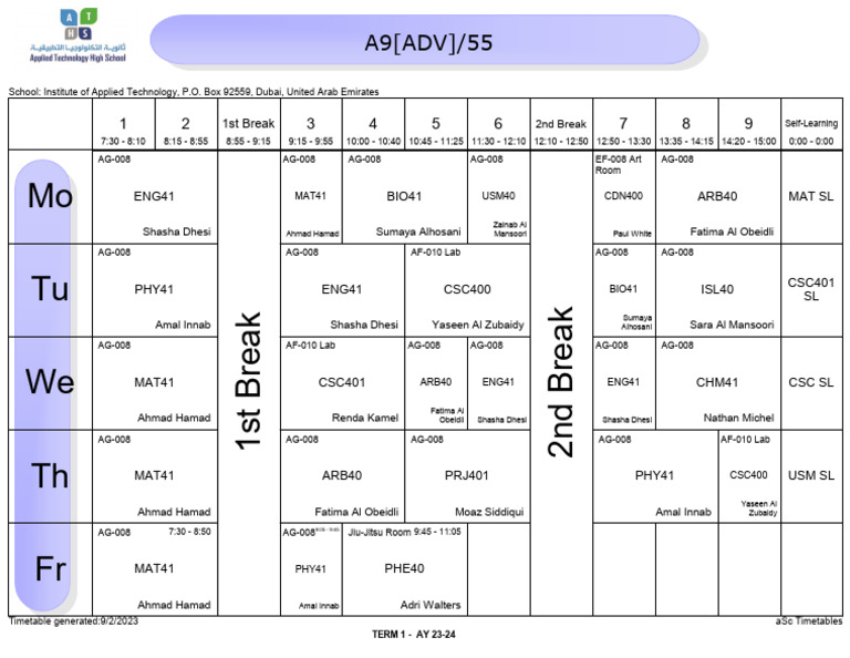 IAT Dubai Term 1 Timetable AY 23-24 | PDF