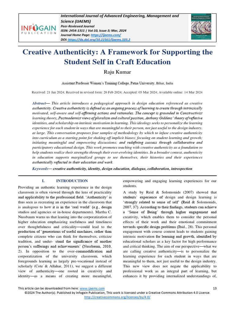 Creative Authenticity: A Framework for Supporting the Student Self in ...