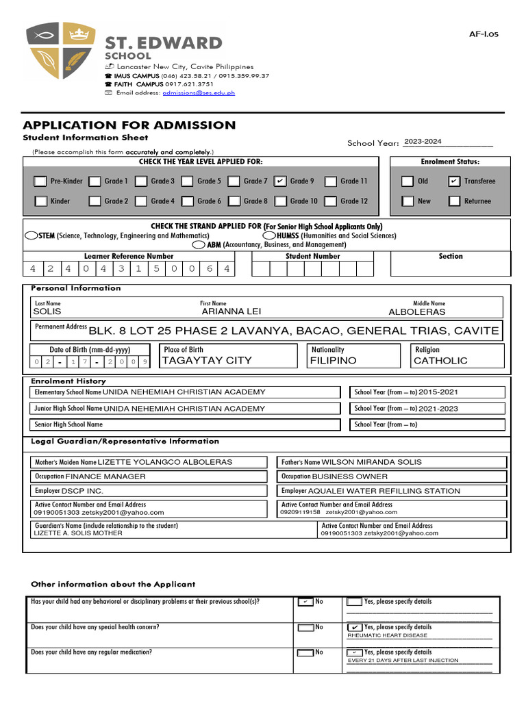 (Editable) AF-I.05 Application For Admission 23-24 | PDF