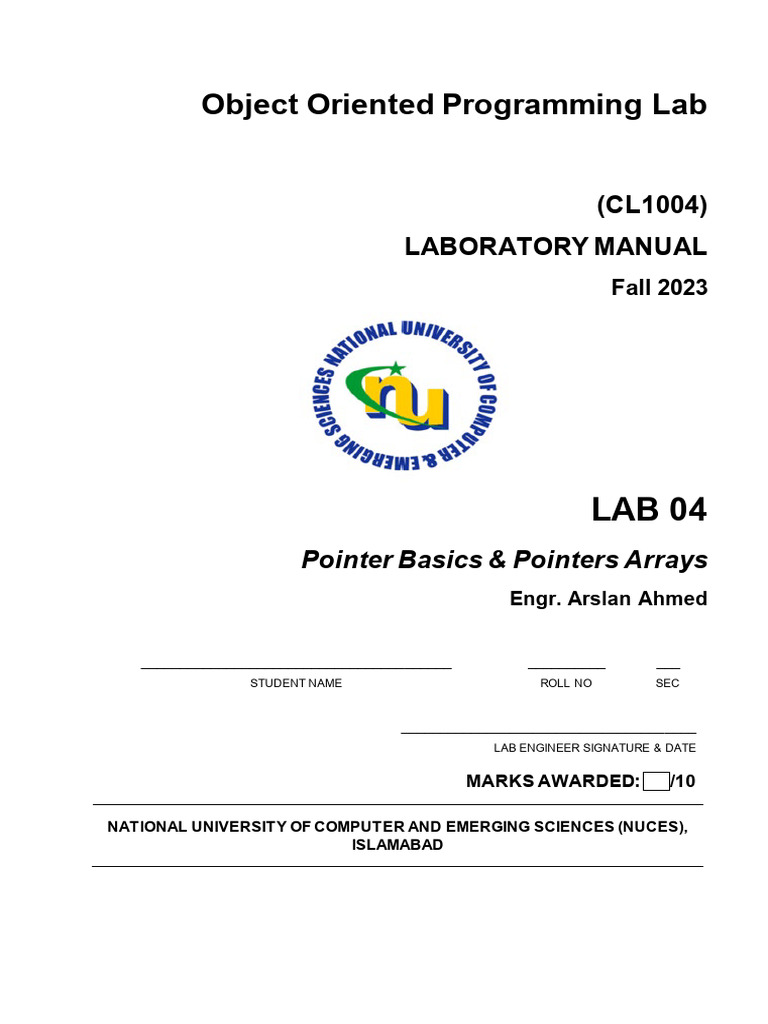 Oop Lab 904 Pointers Ptr Arrays Pdf Pointer Computer Programming Computing