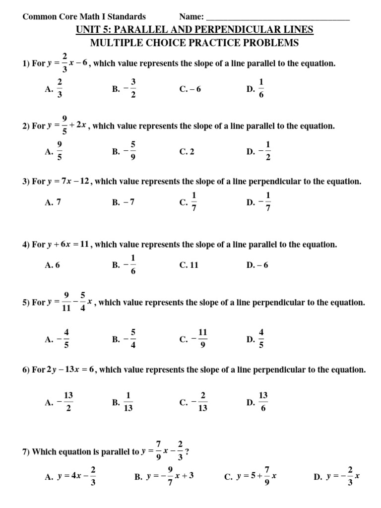 Unit 5.2 Multiple Choice Practice Parallel and Perpendicular | PDF ...