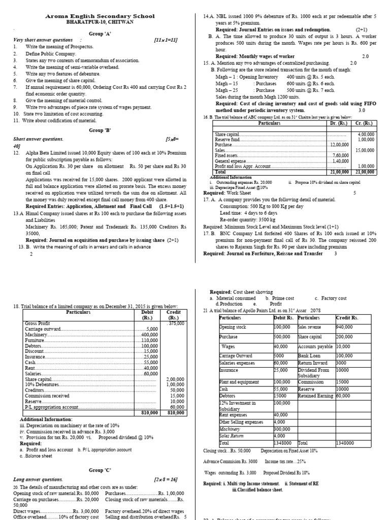 XII Model Accounting 2nd Term | PDF | Debits And Credits | Dividend