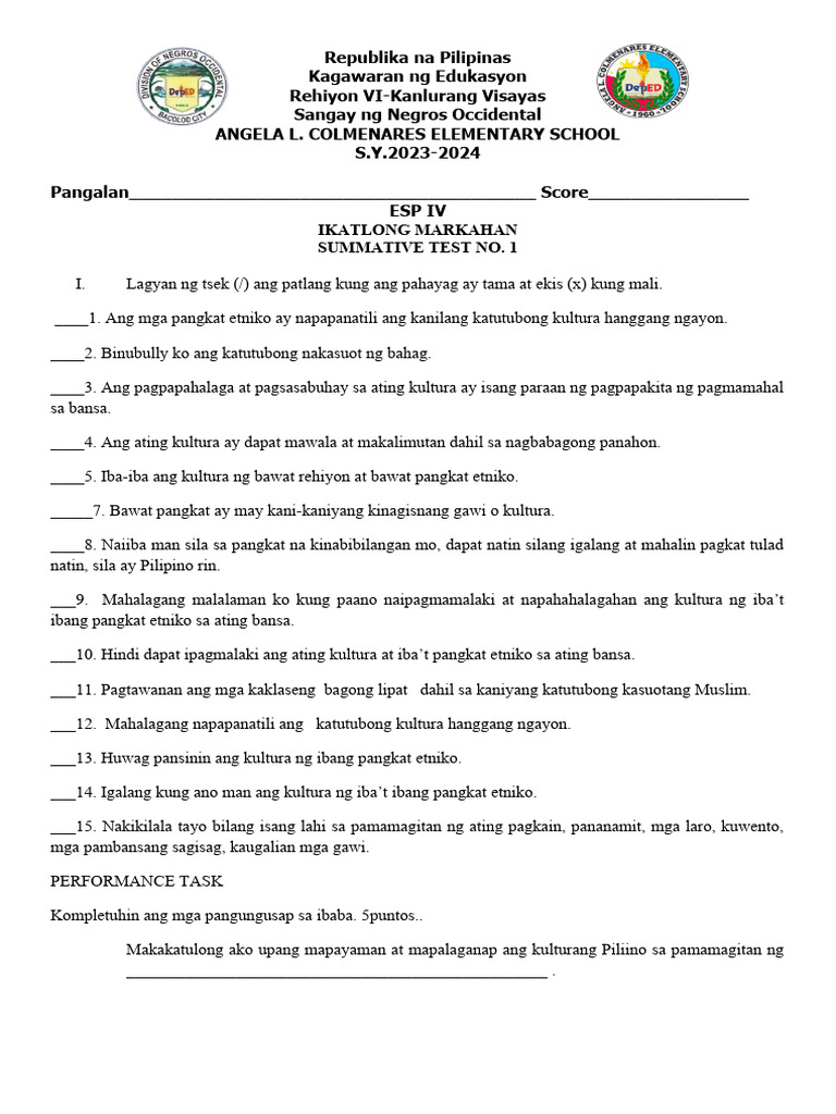 Summative Test Esp 3rd Quarter Pdf