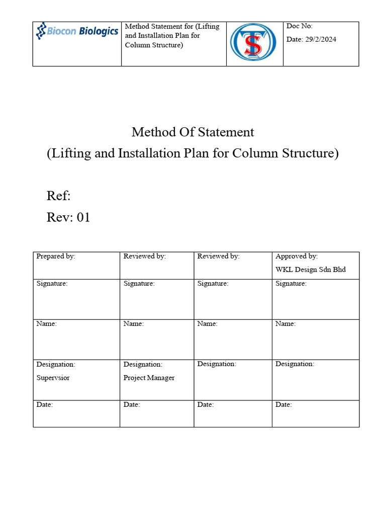 Column Structure Lifting Method Statement | PDF | Crane (Machine)