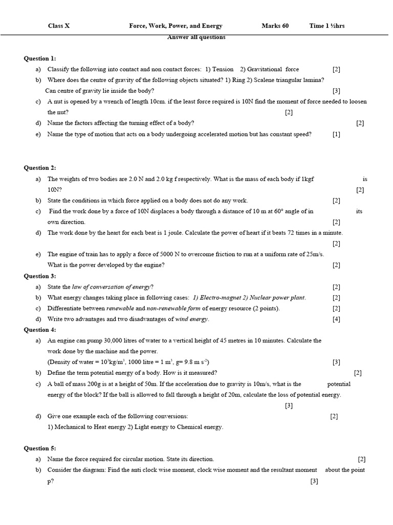 Class X Rev Test | PDF | Force | Mass