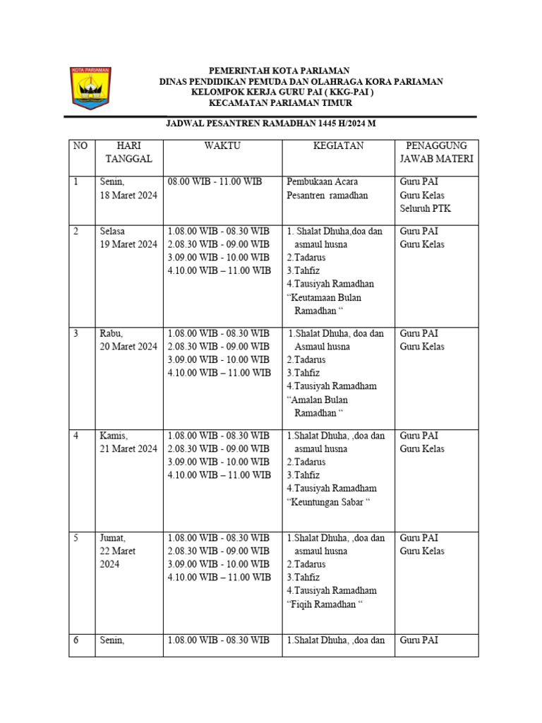 Jadwal Pesantren Ramadhan 2024 di Pariaman Timur | PDF | Agama & Spiritualitas