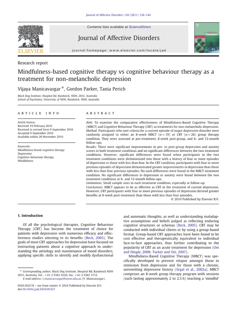 Journal of Affective Disorders: Vijaya Manicavasgar, Gordon Parker ...