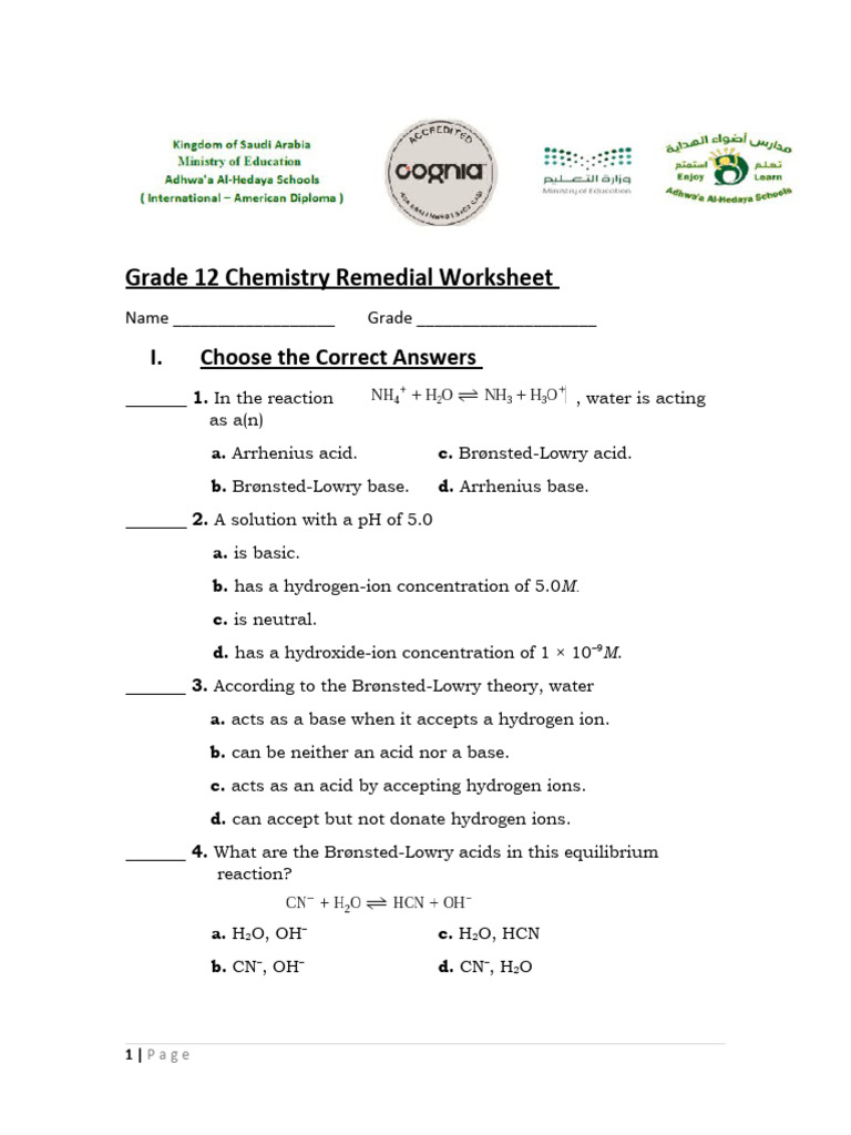 Grade 12 Chem Remedial Worksheet Pdf Acid Ph 