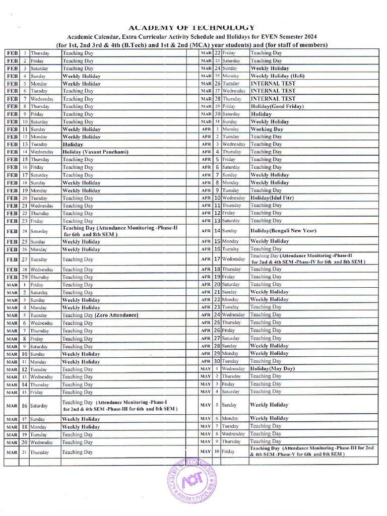 Academic Calendar-Feb-2024 To 16-May-2024 | PDF