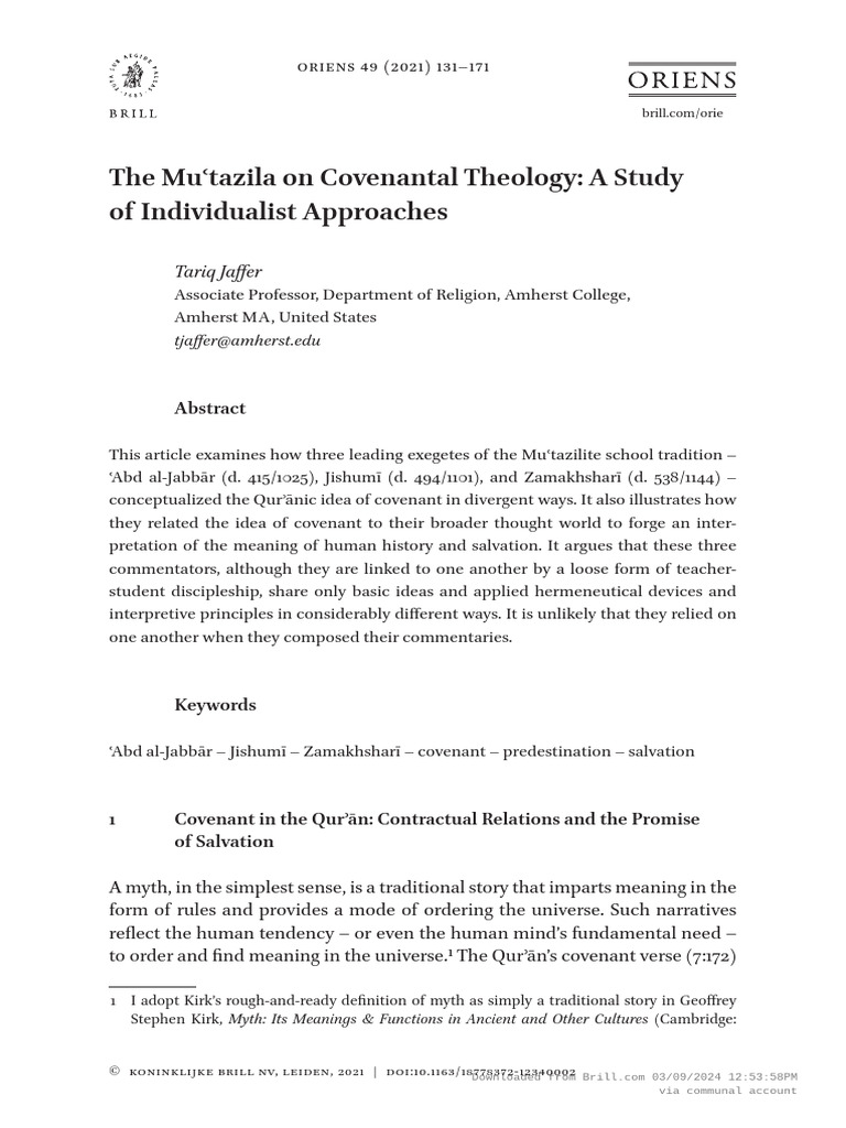 Tariq Jaffer - Oriens 2021-The Mu Tazila On Covenantal Theology | PDF ...