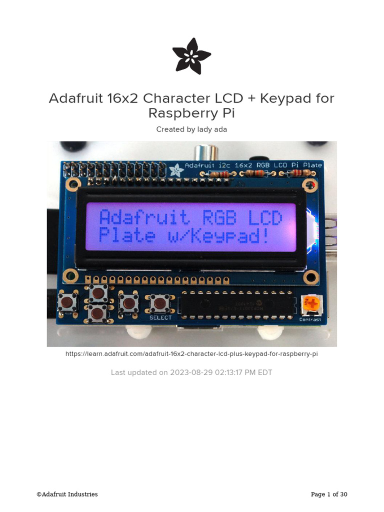 Adafruit 16x2 Character LCD Plus Keypad For Raspberry Pi | PDF | Resistor | Raspberry Pi