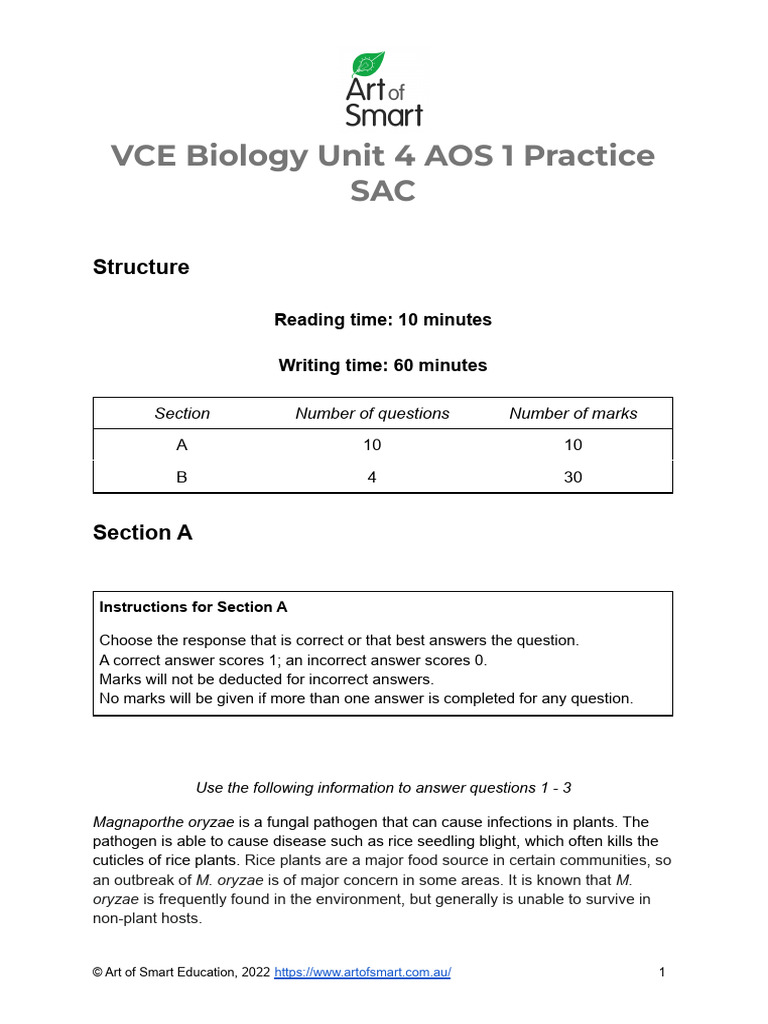 VCE Biology Unit 4 AOS 1 Practice SAC Art of Smart Education | PDF ...