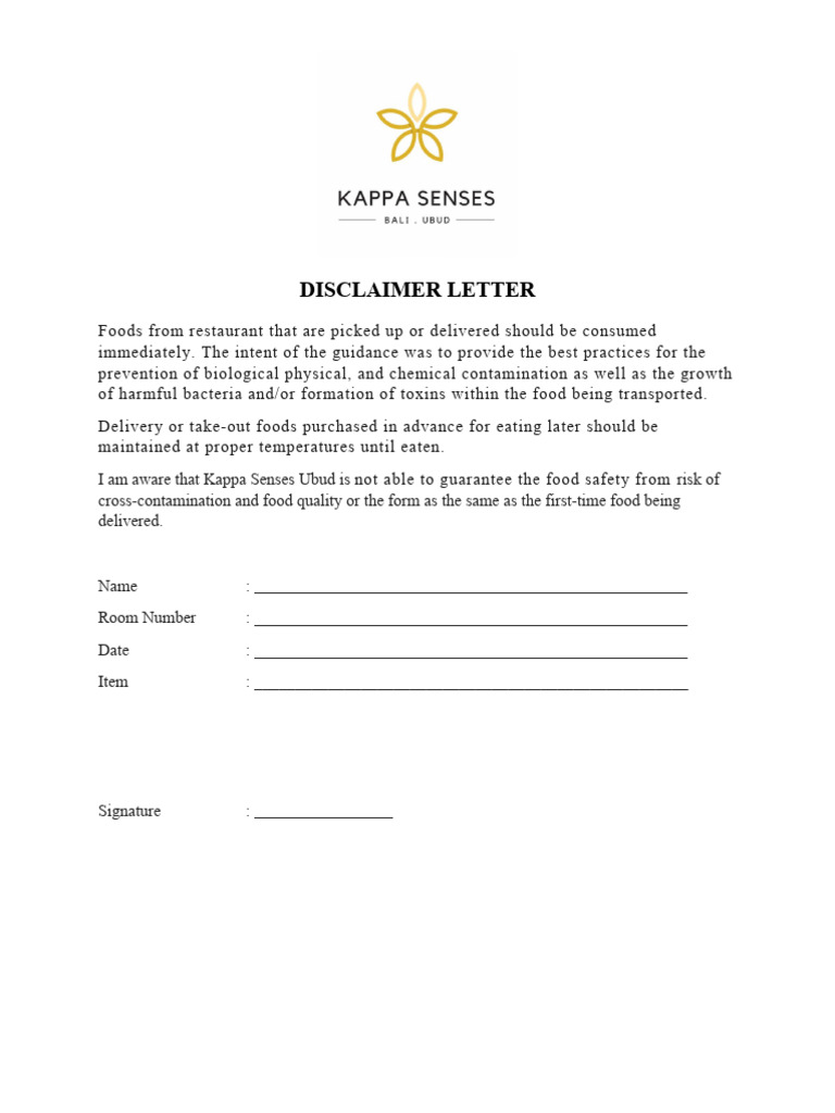 Food Safety Disclaimer for Delivery | PDF