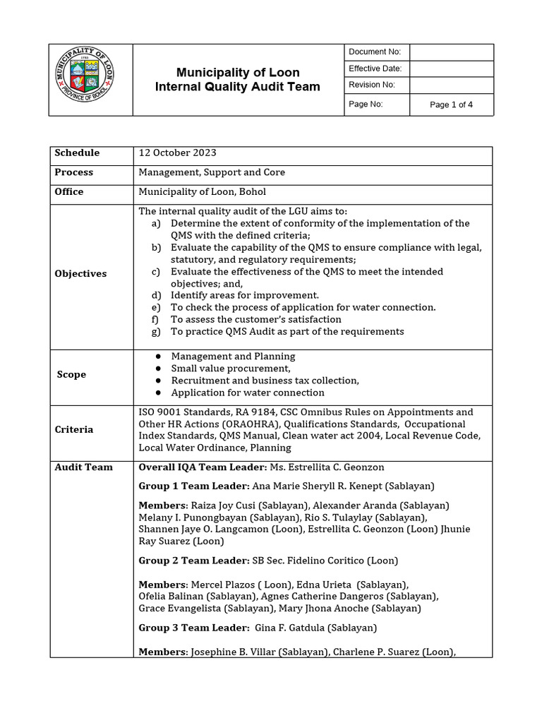Internal Audit Plan_LGU_Loon | PDF | Quality Management System | Iso 9000