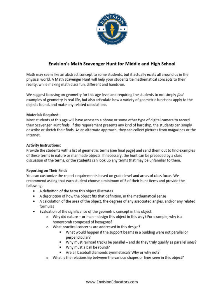 Math Scavenger Hunt For MS and HS | PDF | Mathematics | Geometry