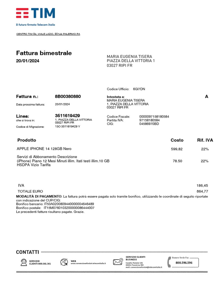 Fattura Telecom PDF | PDF