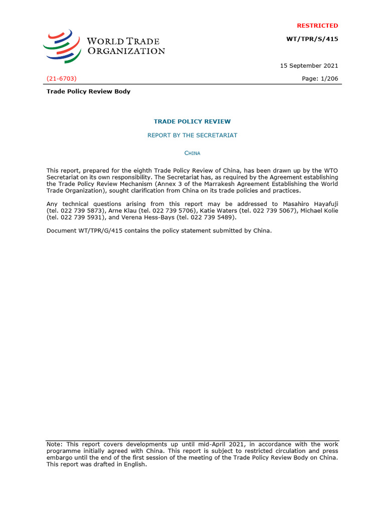 Wto TPR China 2021 | PDF | World Trade Organization | Balance Of Trade