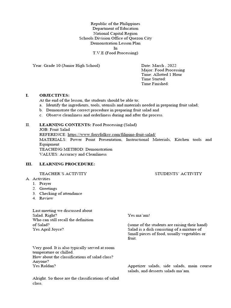 Fruit Salad Lesson Plan QC | PDF | Salad | Lesson Plan