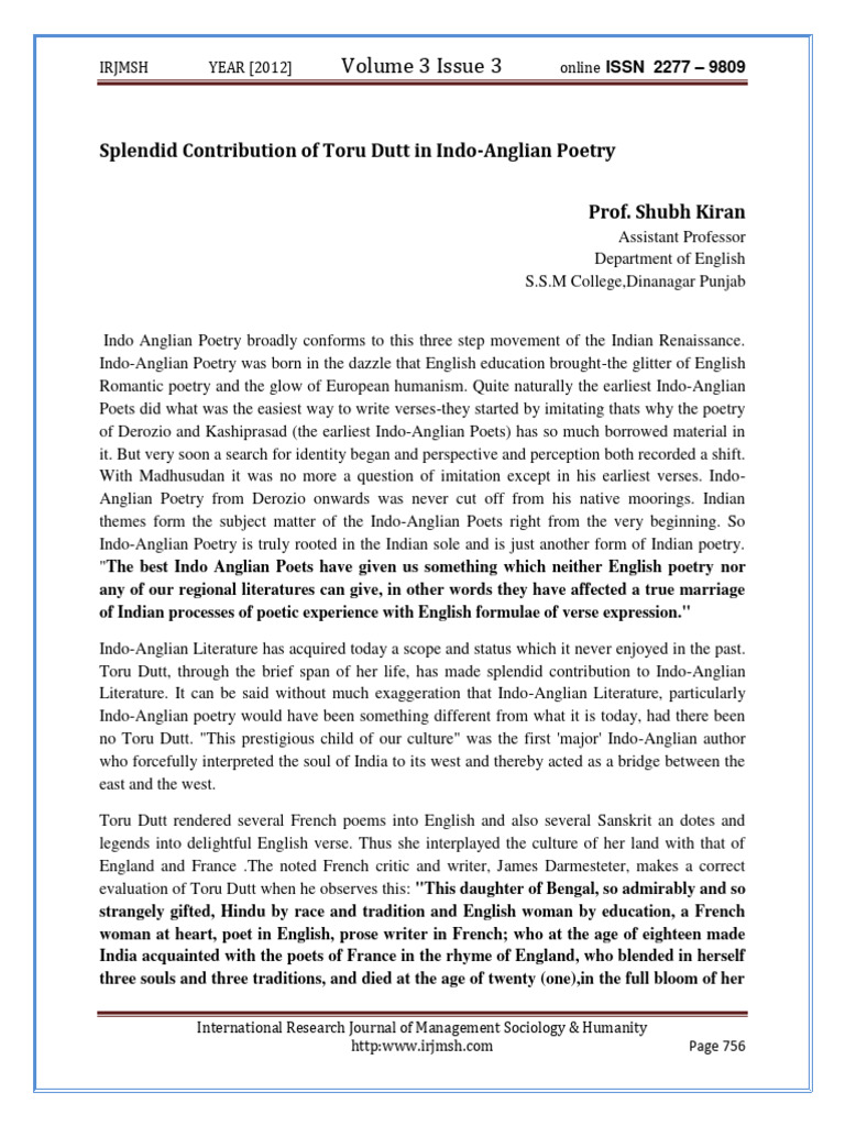 Toru Dutt's Impact on Indo-Anglian Poetry | PDF | Poetry | Liberal Arts ...