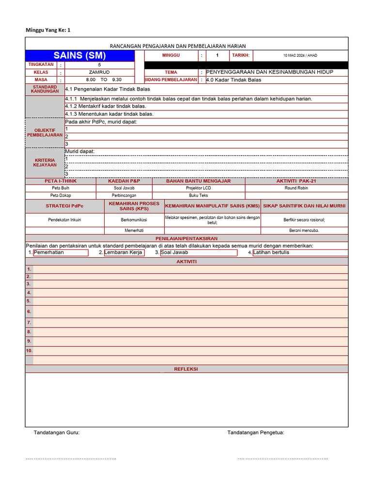 Contoh RPH Sains T5 2024 | PDF