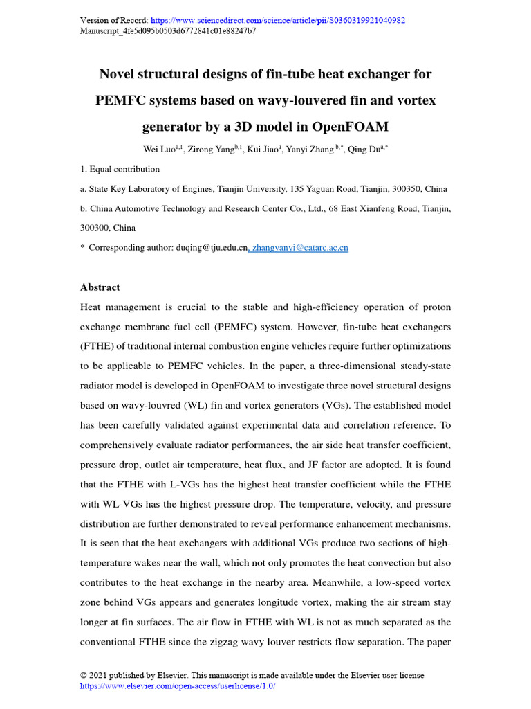 Novel Structural Designs of Fin-Tube Heat Exchanger For PEMFC Systems ...