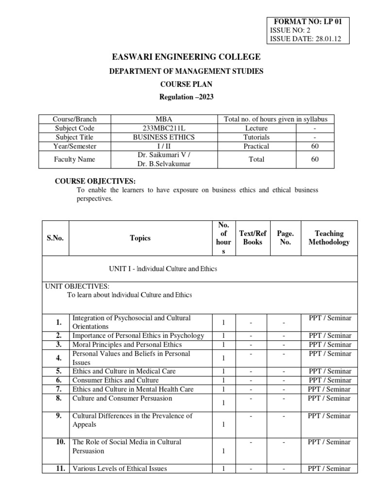 MBA Course Plan: Business Ethics 2023 | PDF | Corporate Social ...