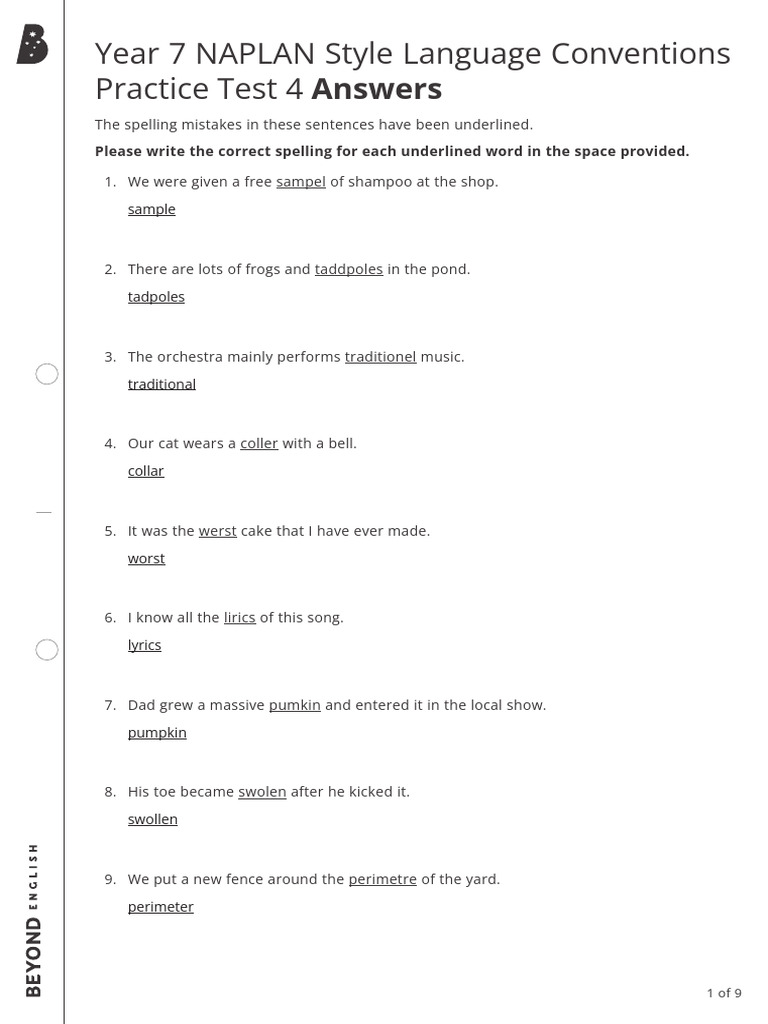 Year 7 NAPLAN Style Language Conventions Practice Test 4 (Answers ...