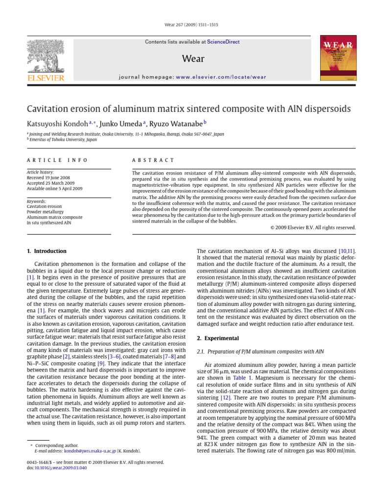Cavitation Erosion of Aluminum Matrix Sintered Composite With AlN ...