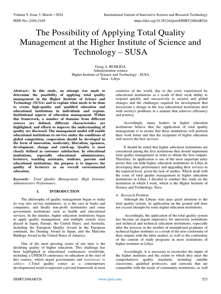 The Possibility of Applying Total Quality Management at The Higher ...