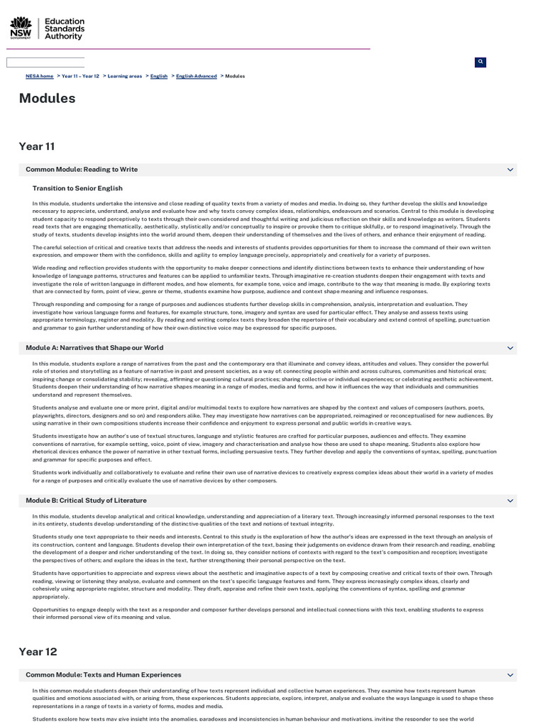 Year 11-12 English Modules Overview | PDF | Narrative | Idea