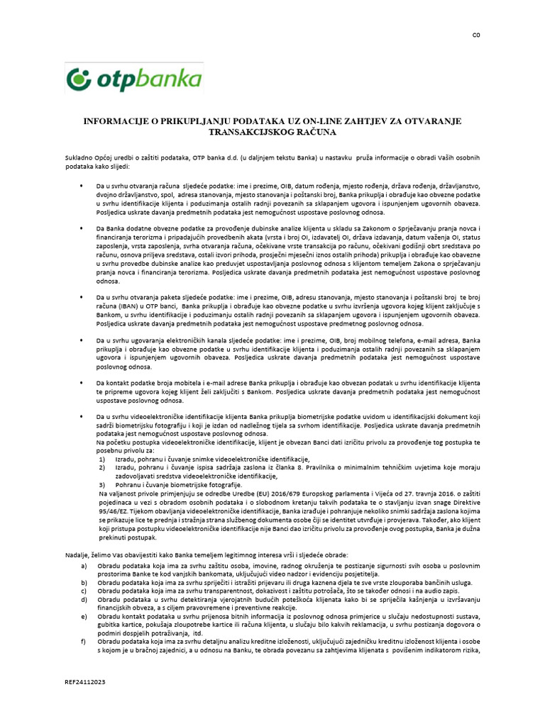 Otp Banka Informacije o Prikupljanju Podataka Uz Online Zahtjev Za Otvaranje Transakcijskog ...
