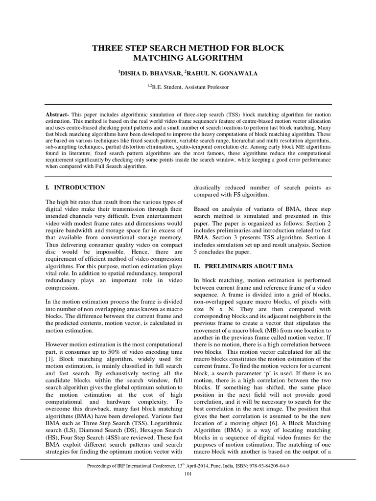 Three Step Search Method For Block Matching Algorithm: Disha D. Bhavsar, Rahul N. Gonawala | PDF ...