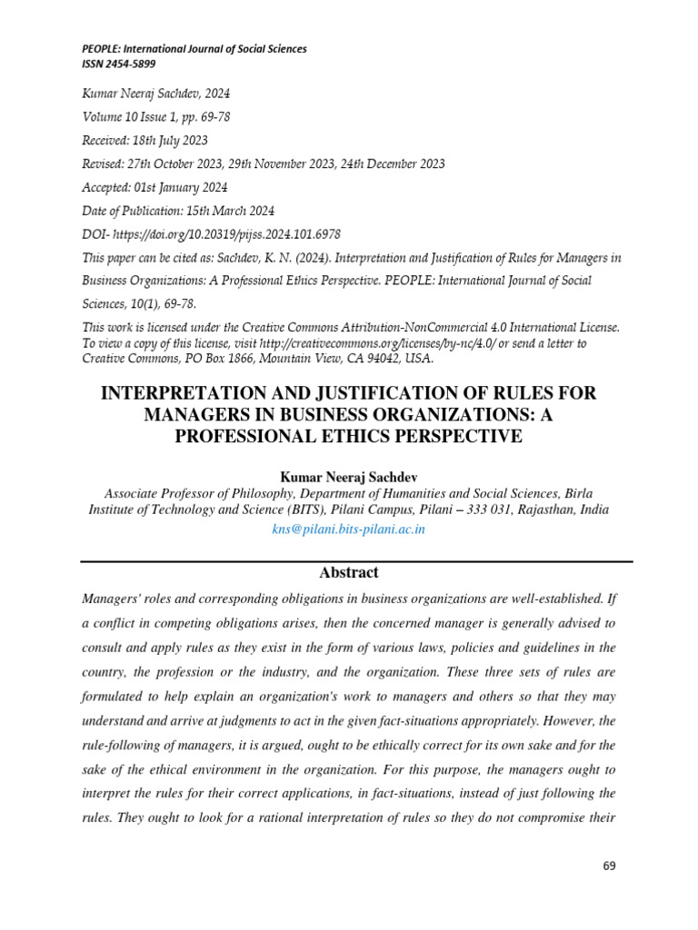 Interpretation and Justification of Rules For Managers in Business Organizations: A Professional ...