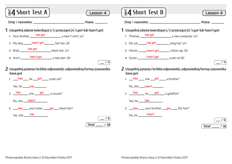 Brainy kl4 Short Tests Unit 4 Lesson 4 | PDF