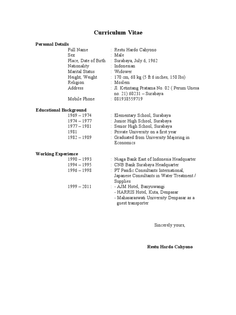 English Curriculum Vitae of Restu Cahyono | PDF