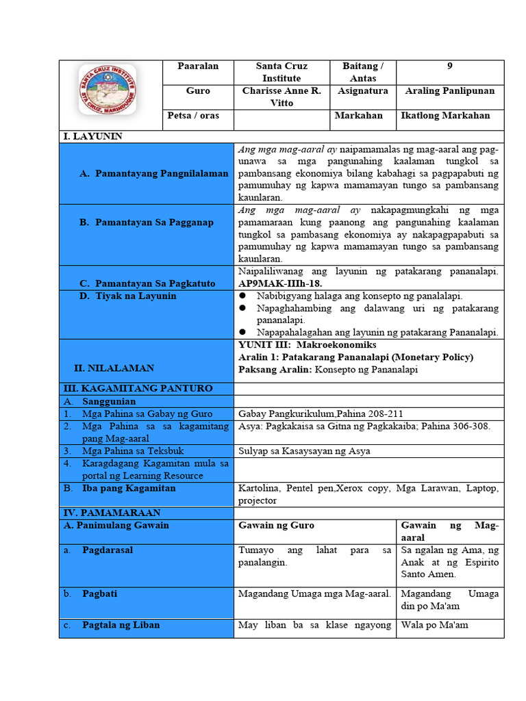 Lesson Plan-Konsepto NG Pananalapi | PDF
