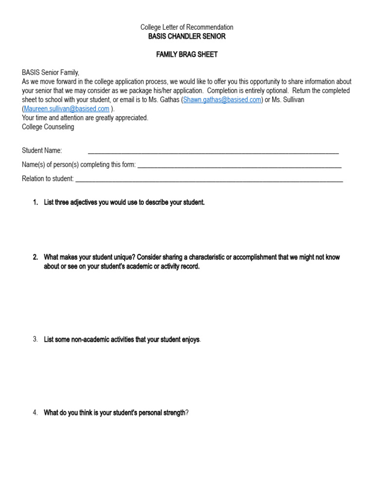 Senior Parent Brag Sheet 2024 (1) | PDF